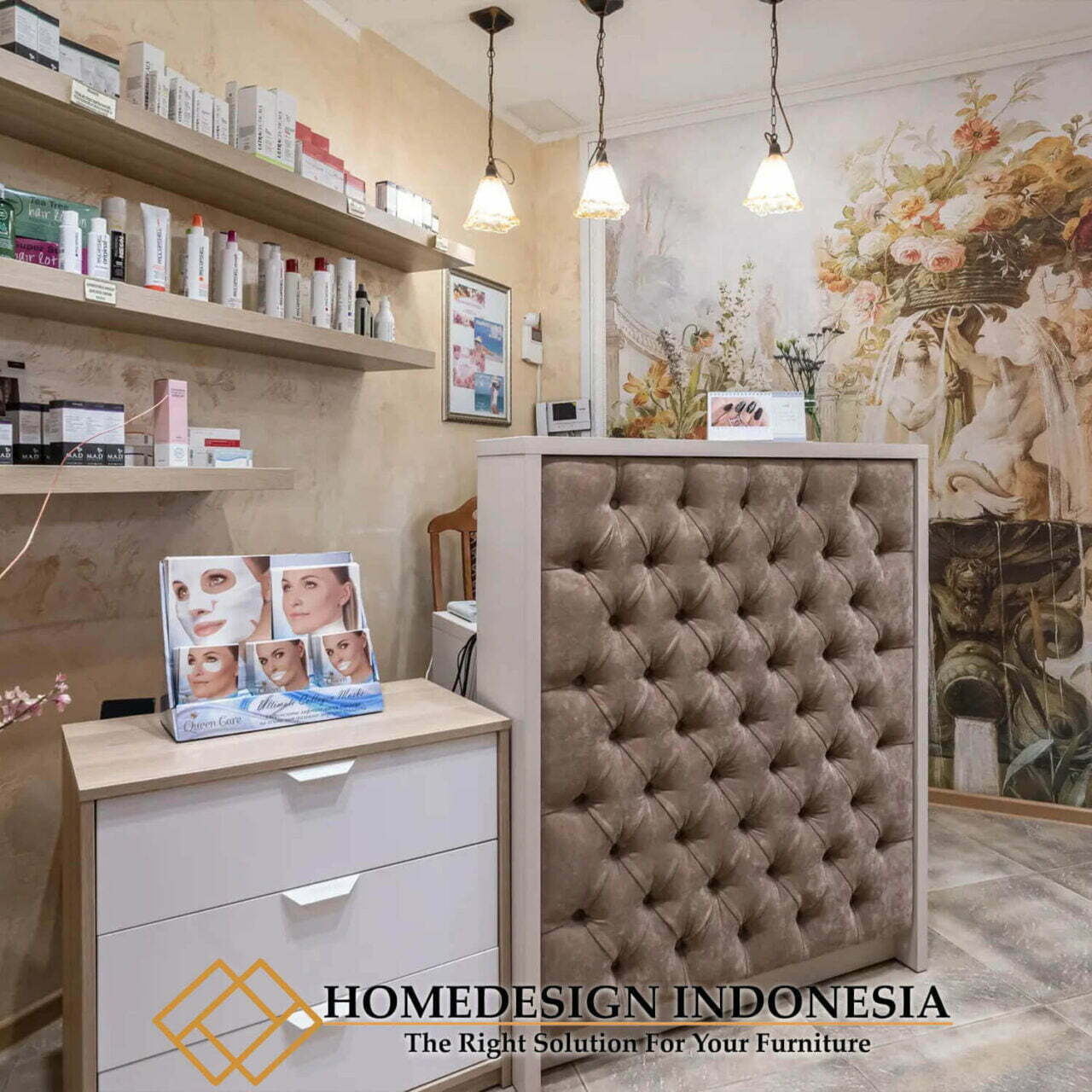 Meja Resepsionis Minimalis Desain Full Beludru Fabric HD-0203